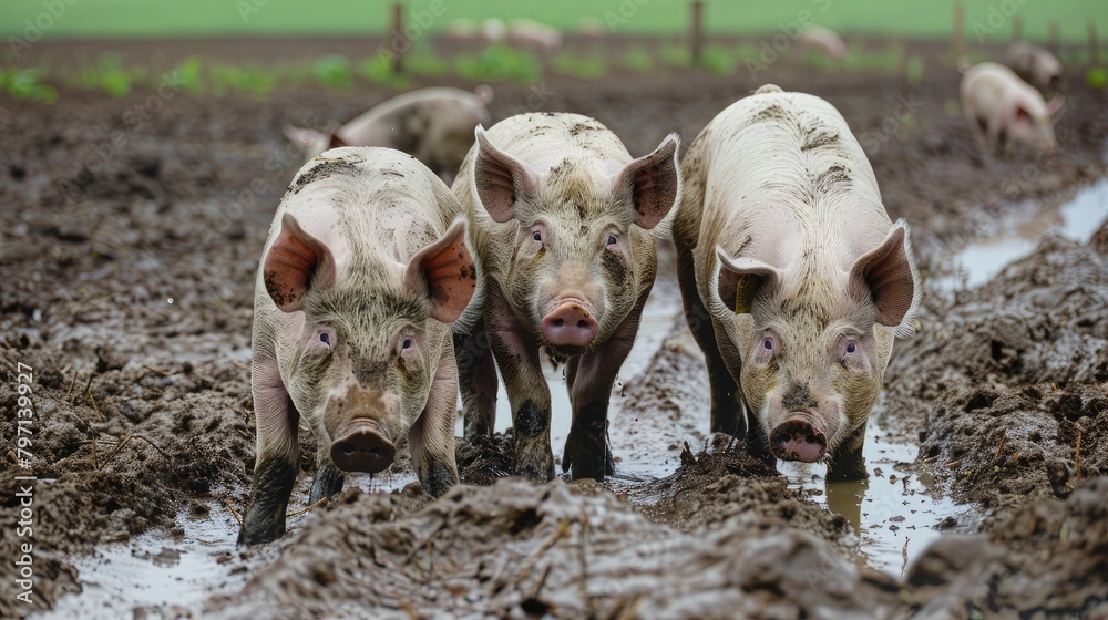 family of pigs rooting and snuffling in a muddy field, demonstrating ...