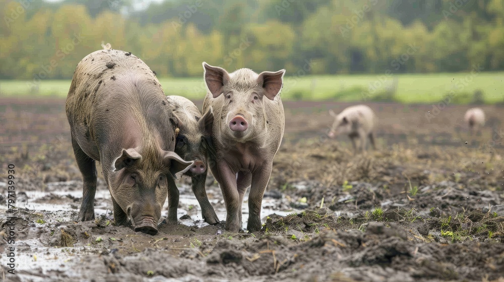 family of pigs rooting and snuffling in a muddy field, demonstrating ...