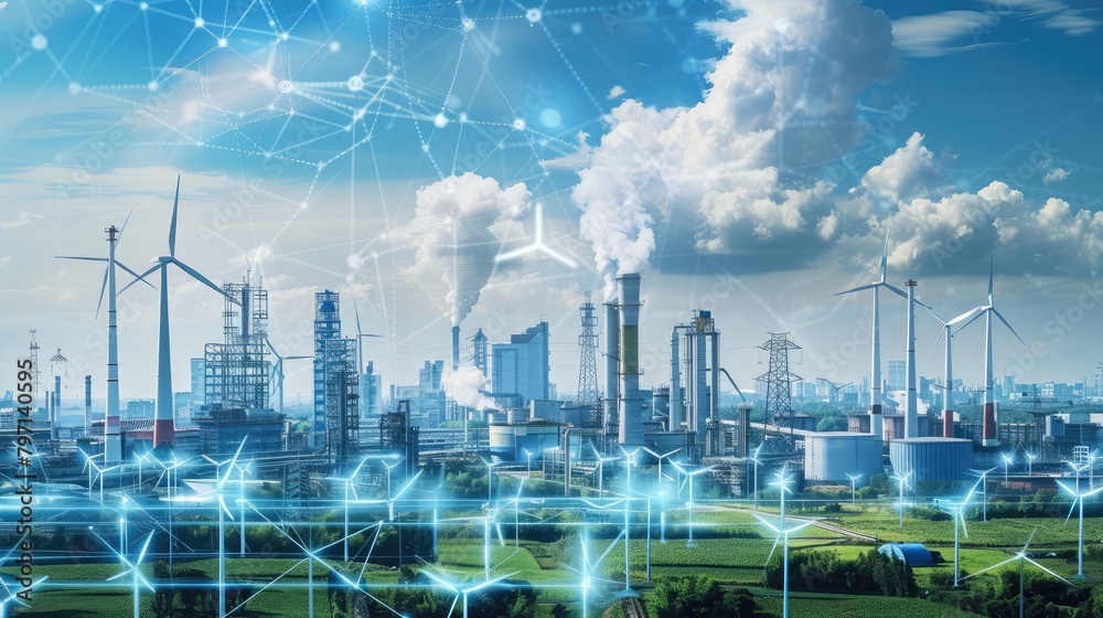futuristic factory powered by renewable energy sources, demonstrating ...