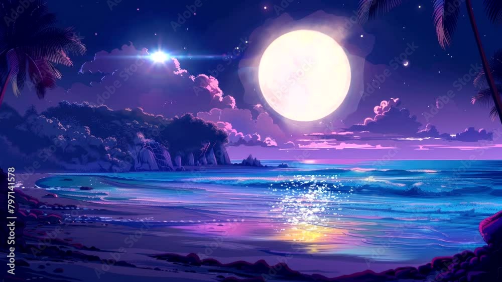 full moon at sea at night, amazing view landscape video looping ...