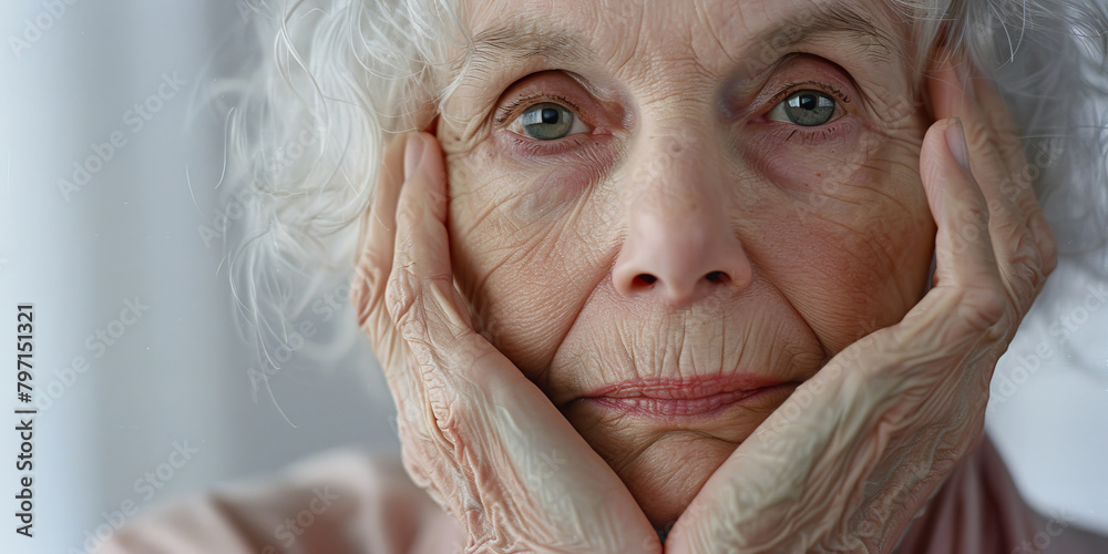 old woman covers her face with her hands in panic forgetting her name ...