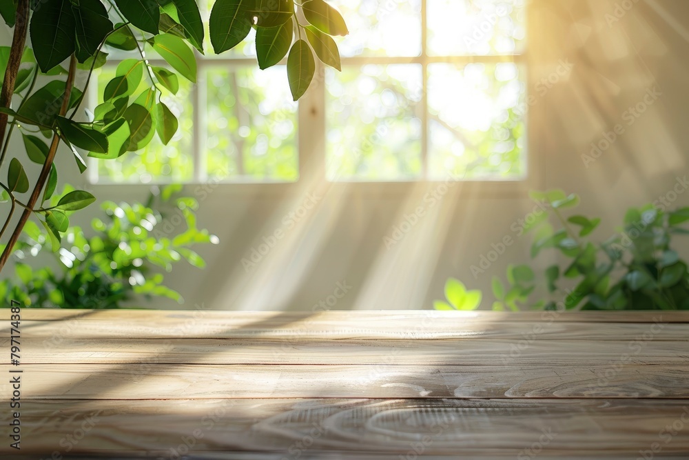 wood table background with sunlight window create leaf shadow on wall ...