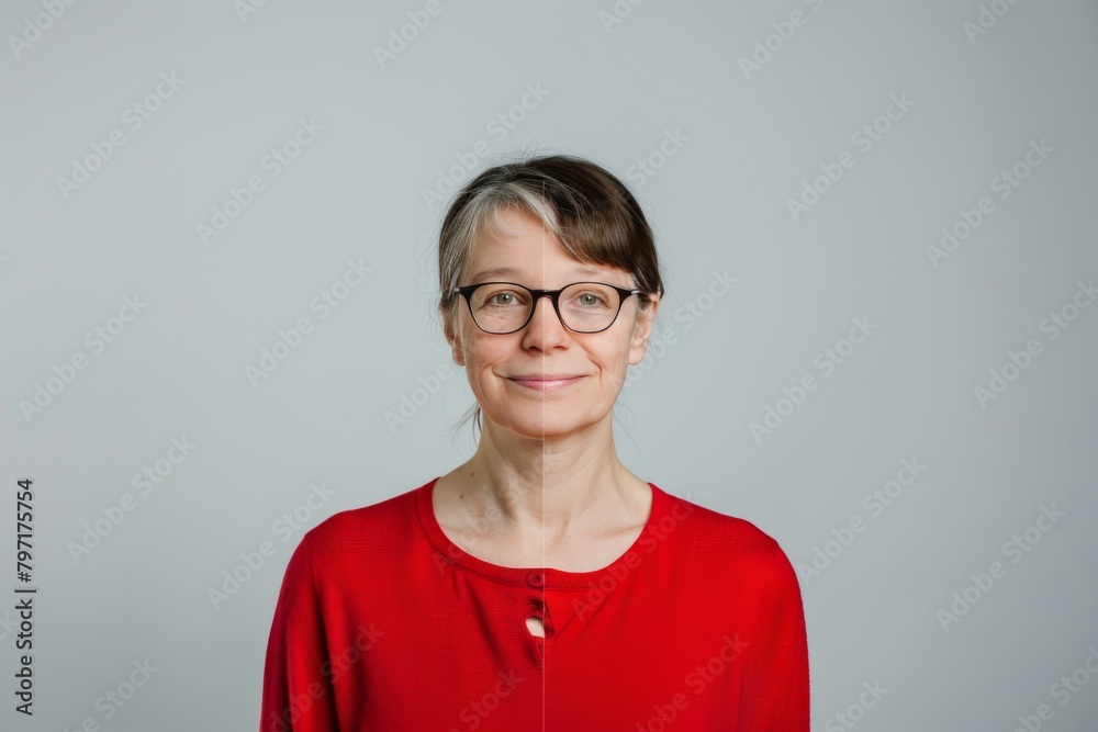 Aging beauty and health integrated in center stage young split, merging ...