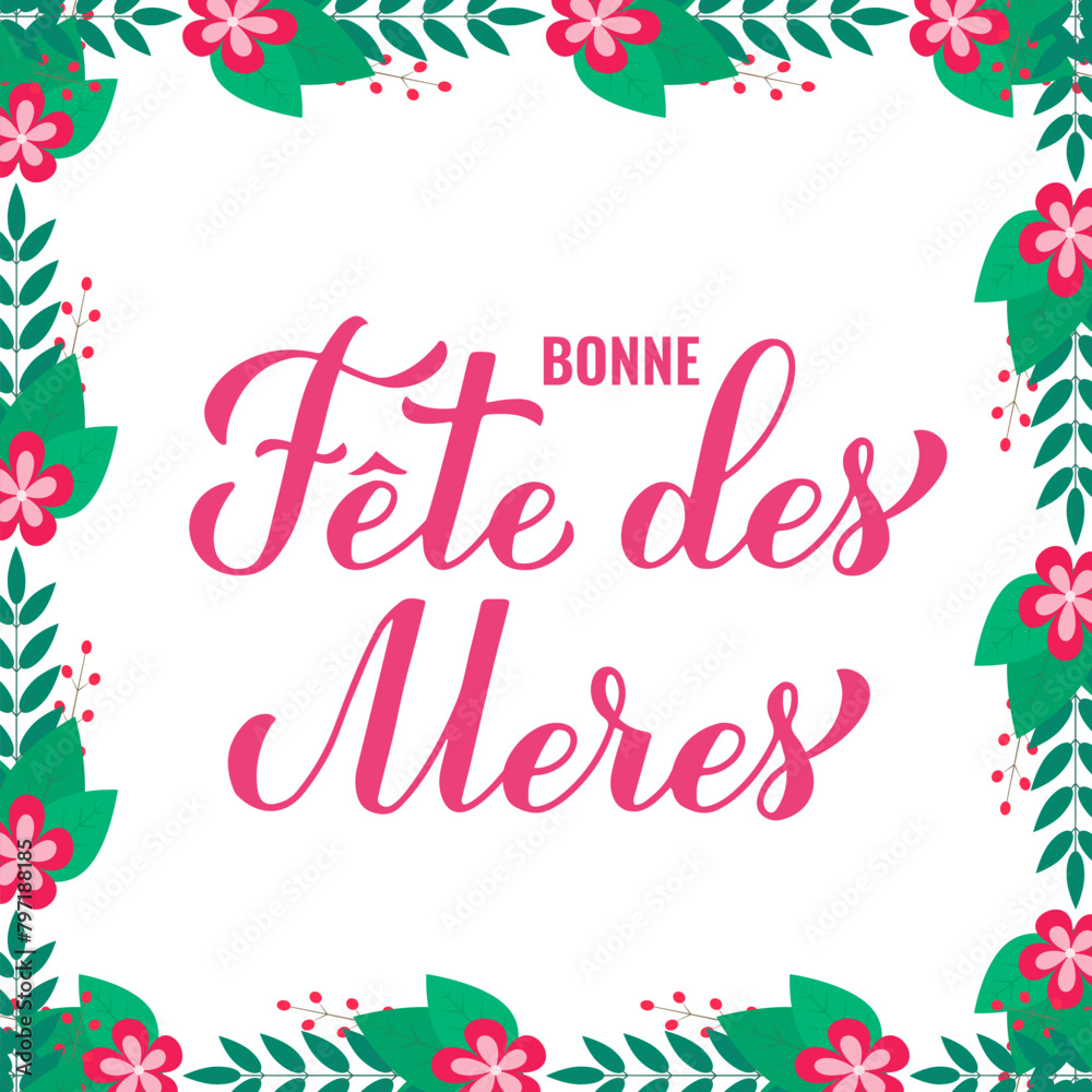 Happy Mothers Day in French. Bonne Fete des Meres. Floral frame ...