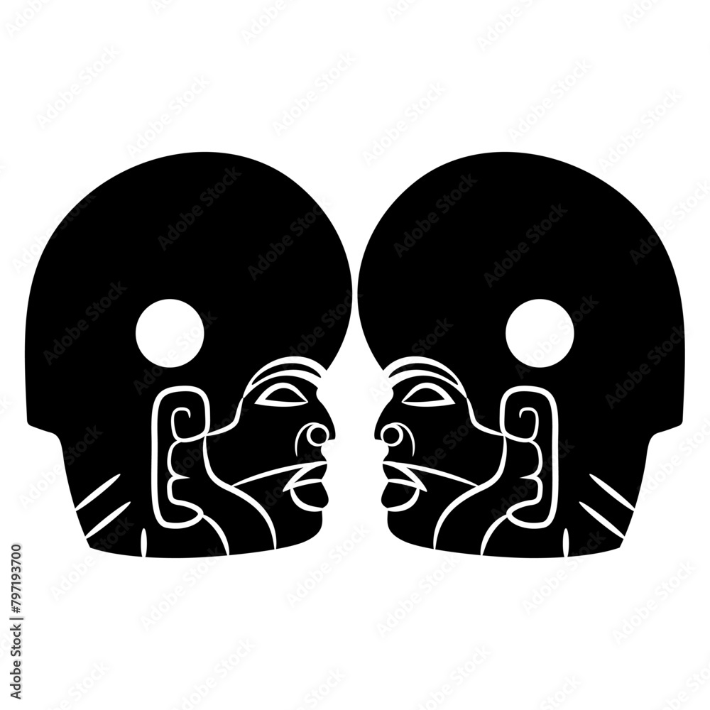 Symmetrical design with two human heads. Warrior man or ball player ...