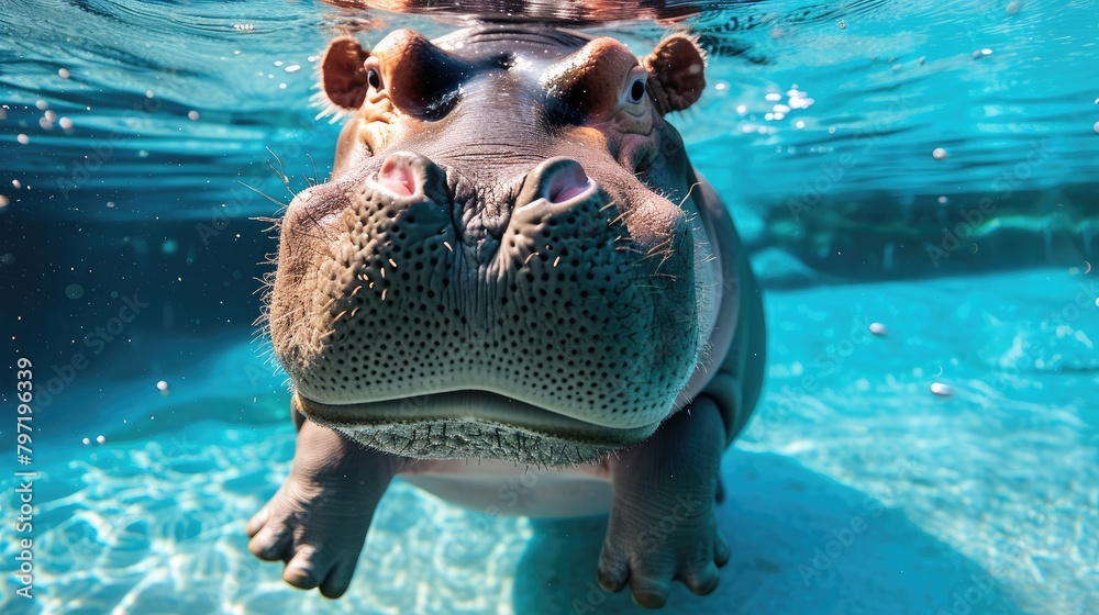 Hilarious underwater scene hippopotamus in pool plays deep dive action ...