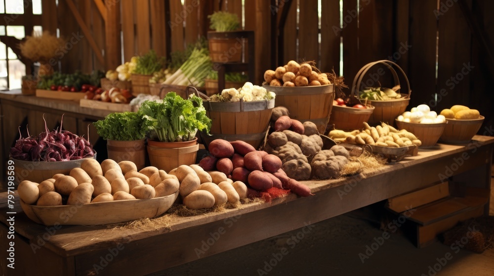 An inviting display of fresh farm produce in a barn setting, with a ...