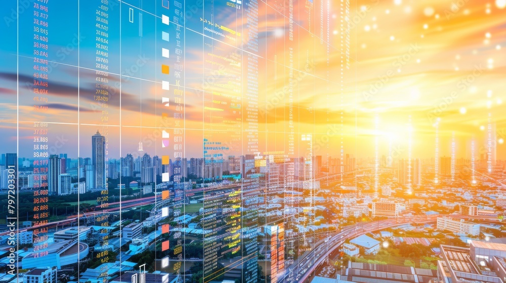 Data analyzing overlay background with digital screen on glowing color ...