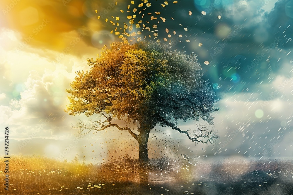 A depiction of a magical money tree changing seasons, showing different ...