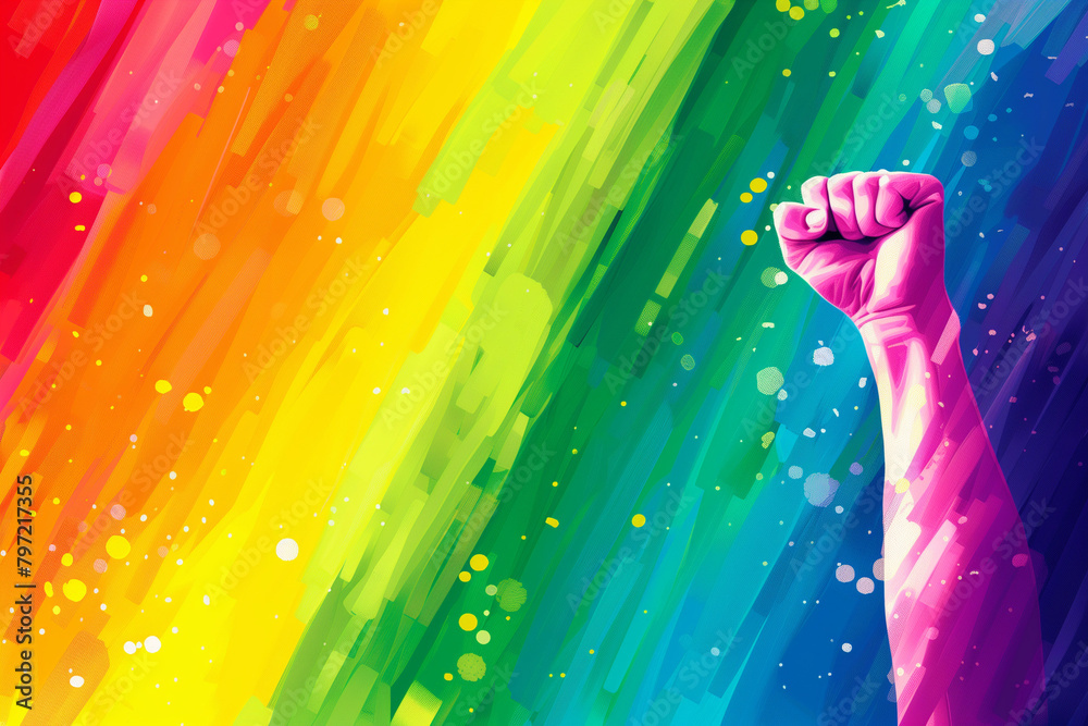 Fist raised in fight on a rainbow background, symbolizing the strength ...
