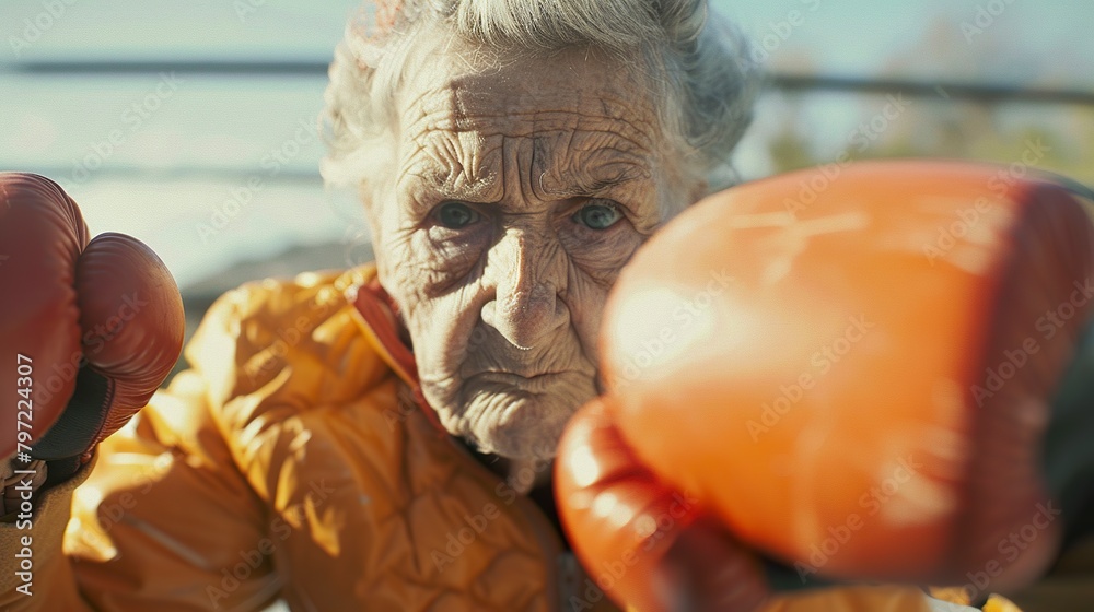An elderly woman, wearing boxing gloves, shows determination as she ...