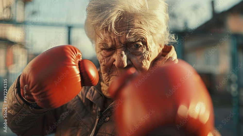 An elderly woman, wearing boxing gloves, shows determination as she ...