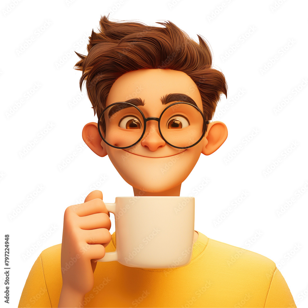 Capture the cheerful vibe of a young cartoon man in a studio enjoying ...
