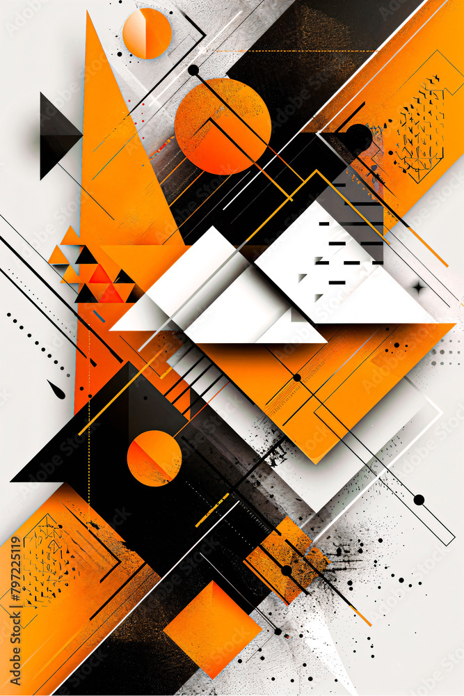 Complex abstract design of geometric shapes in black, white and shades ...