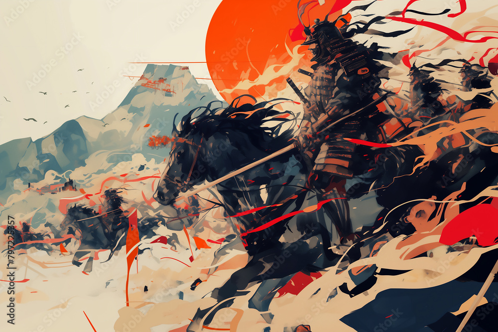 Samurai warriors in full battle regalia standing proudly , ready for ...