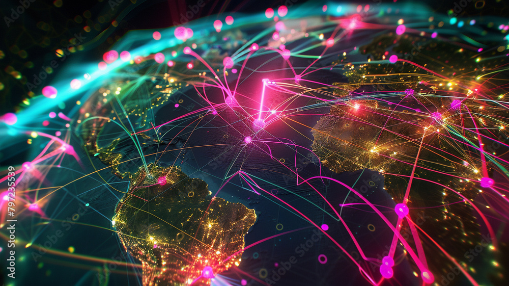 A futuristic depiction of global data traffic, with neon-colored lines ...