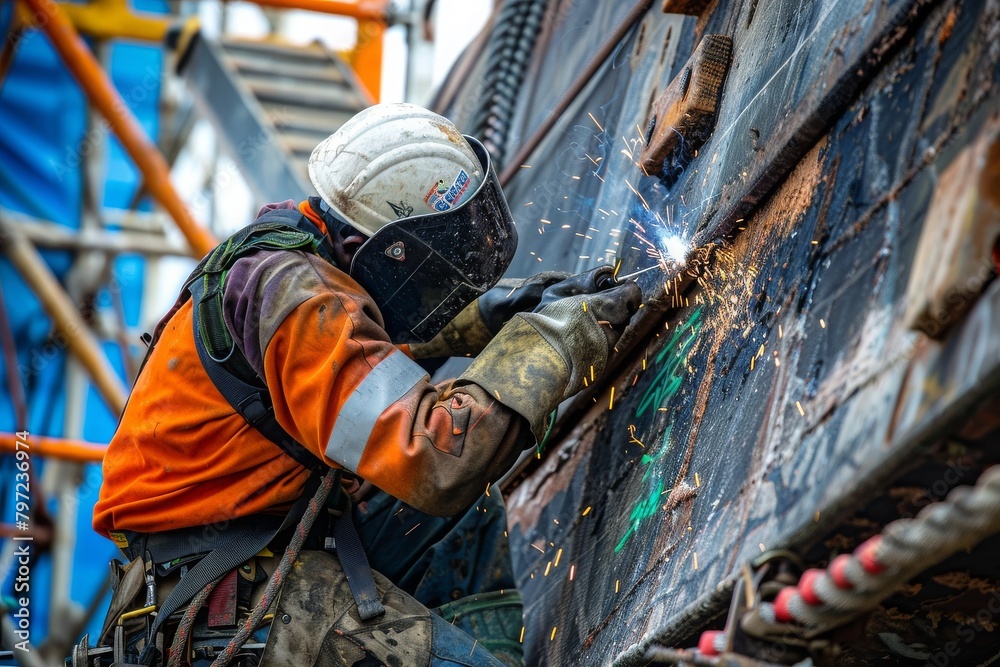 Rope access welder wearing fully safety uniform fall protection helmet ...