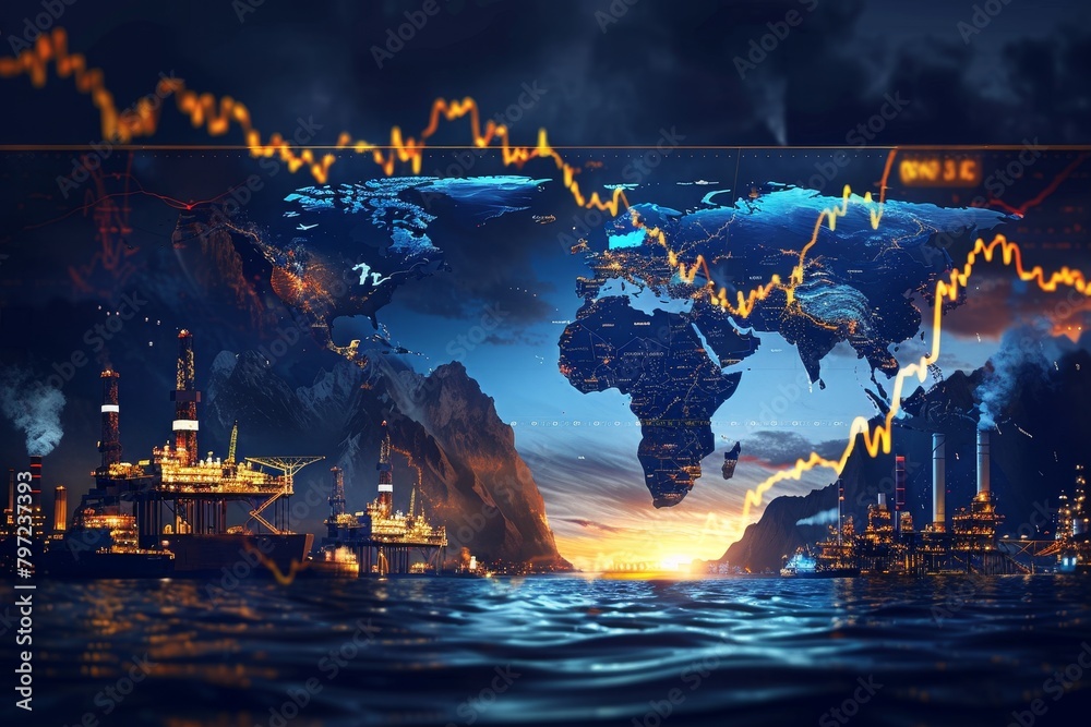 World map with oil rigs and pipelines, overlaid with a profitable stock ...