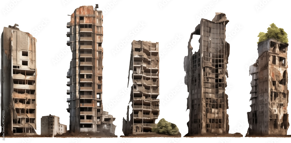 ruined skyscrapers PNG Abandoned buildings isolated on white and ...