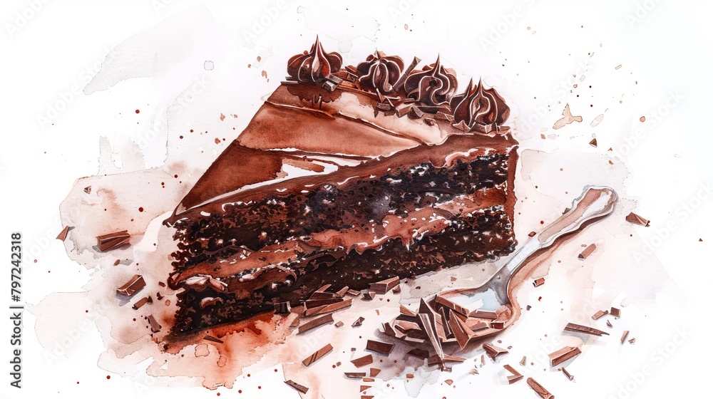 Artistic watercolor of a rich chocolate cake with a glossy ganache ...