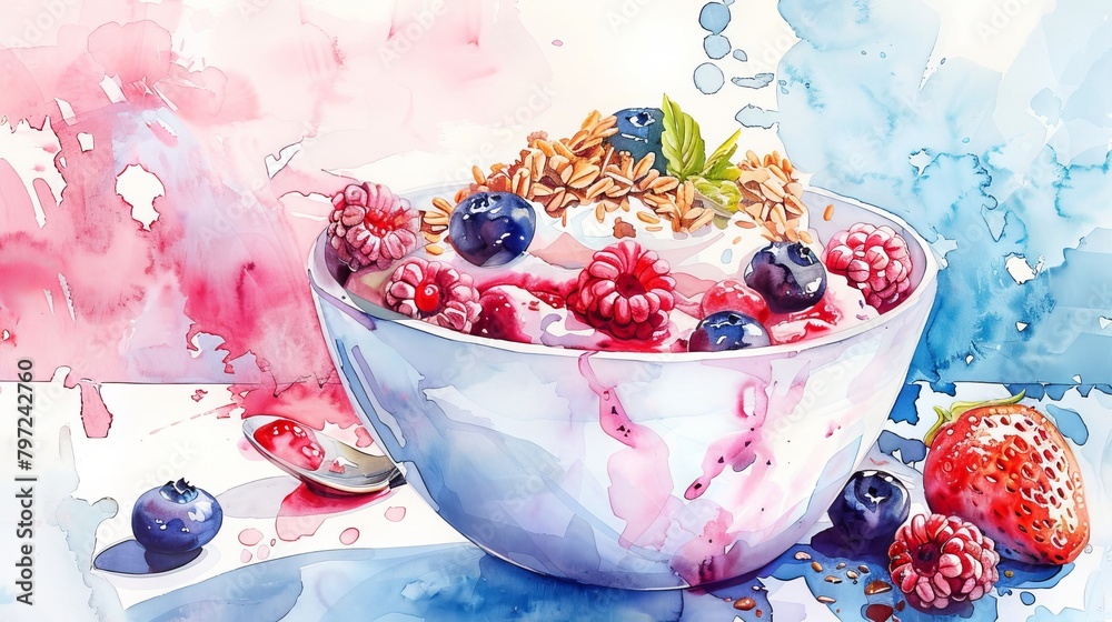 Bright watercolor painting of a mixed berry bowl with layers of yogurt ...