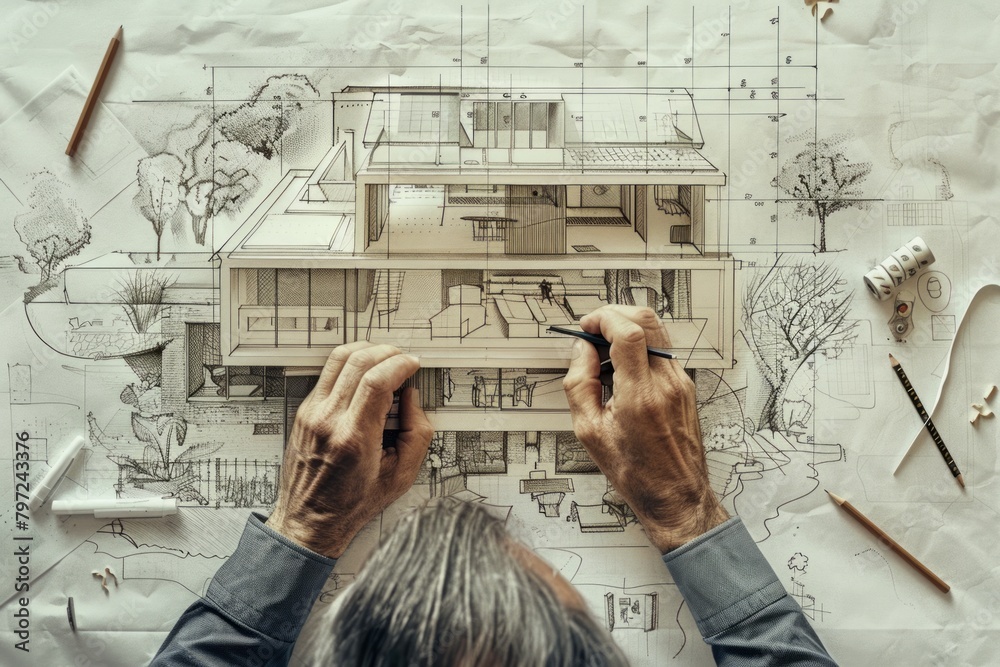 Architect's Vision: A man meticulously crafting a model of a building ...