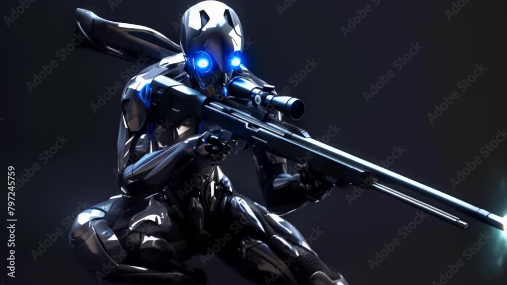Sleek cyborg in slim metallic suit, futuristic rifle slung over ...