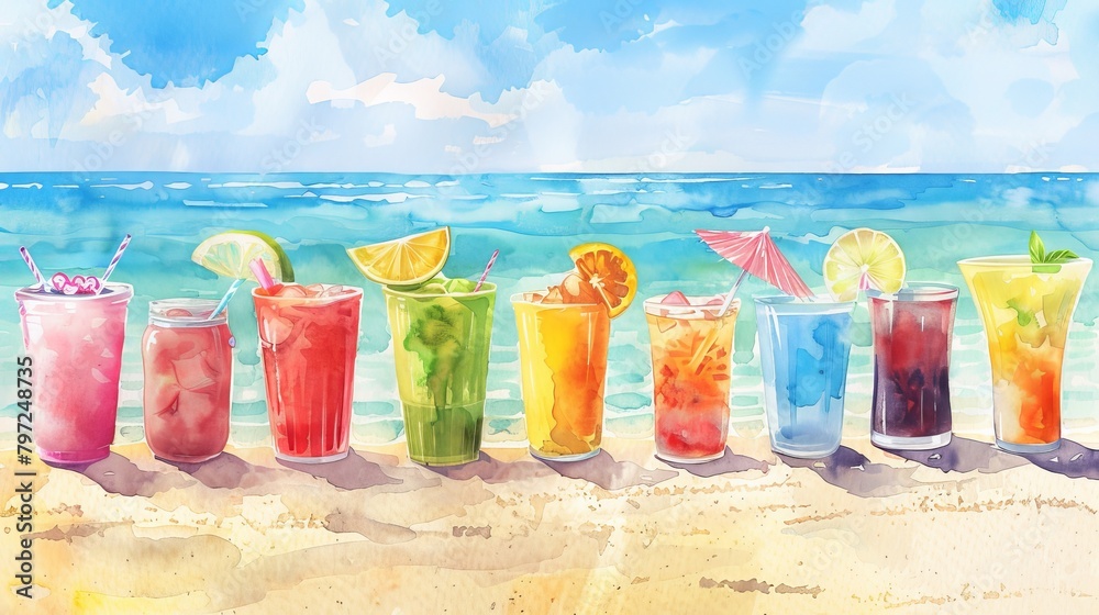Refreshing watercolor scene of summer drinks on a beach table ...