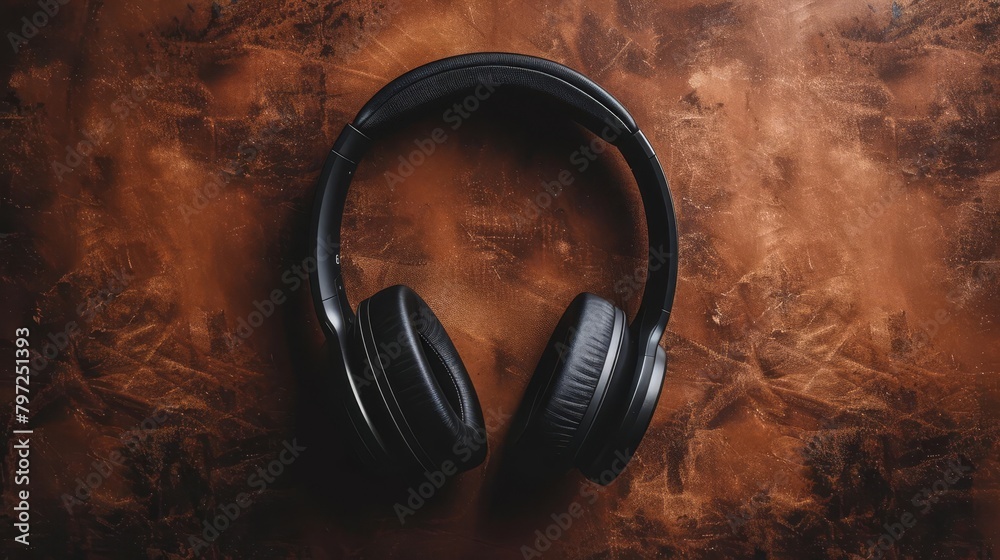 artistic aerial view of black wireless headphones contrasting against ...