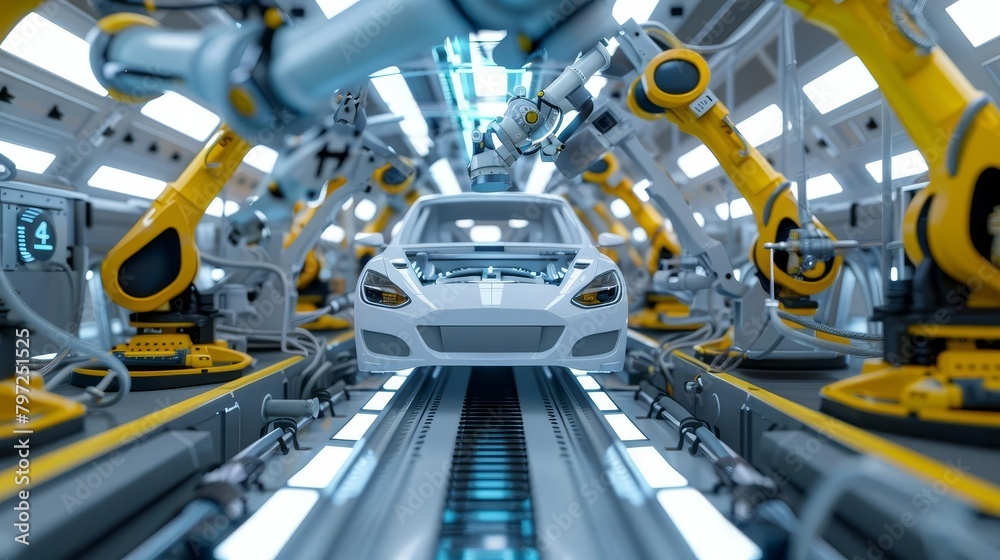 automated car manufacturing process in factory with robotic arms ...