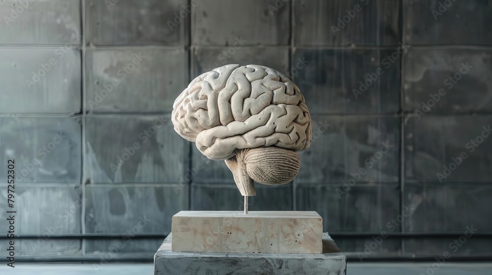 concrete human brain sculpture displayed in contemporary art gallery ...