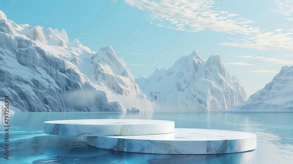 icy podium on snowy mountain platform with cool water background 3d ...