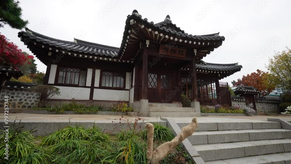 traditional Korean house, known as a Hanok, with tiled roofs, wooden ...