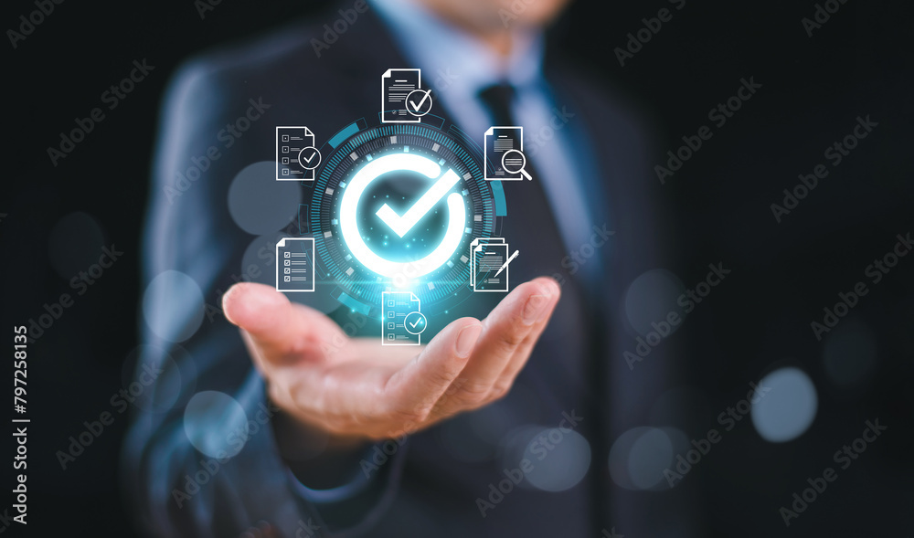 Document management system concept. Businessmen check electronic ...