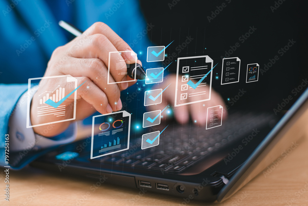 Document management system concept. Businessmen check electronic ...