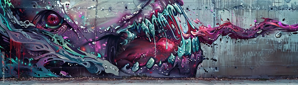 Illustrate a terrifying graffiti mural on a gritty urban wall, infusing ...