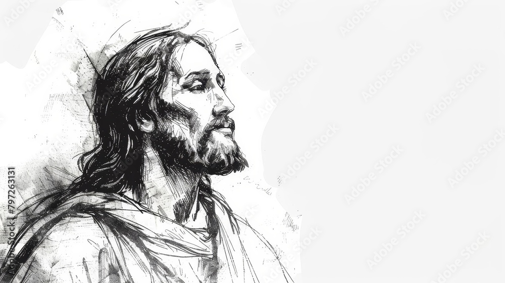 sketch of jesus christ with copy space on white background handdrawn ...
