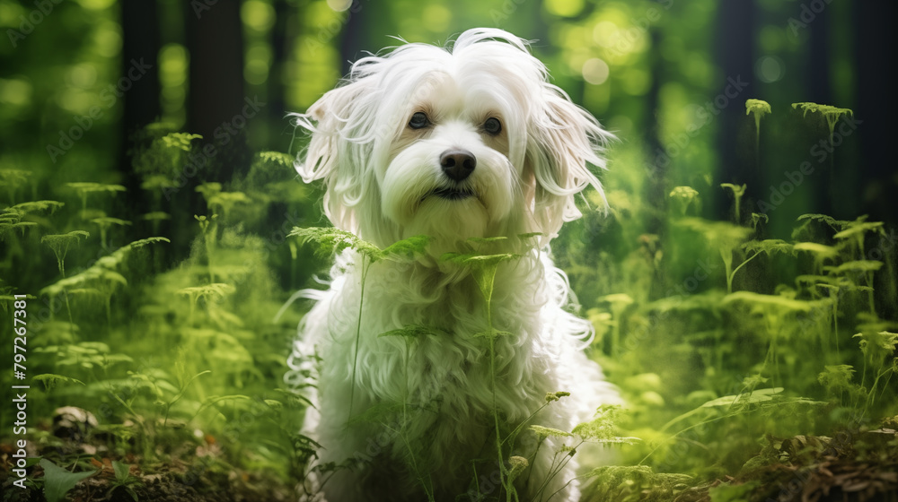 Double Exposure, white background, Maltese dog in front of a forest 50% ...
