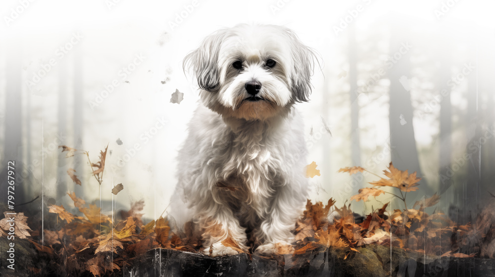 Double Exposure, white background, Maltese dog in front of a forest 50% ...