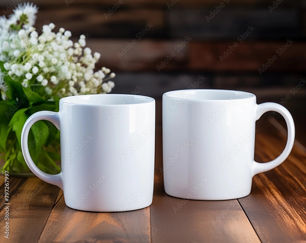 Two white coffee mugs mockup, one on the left and one on the right side ...
