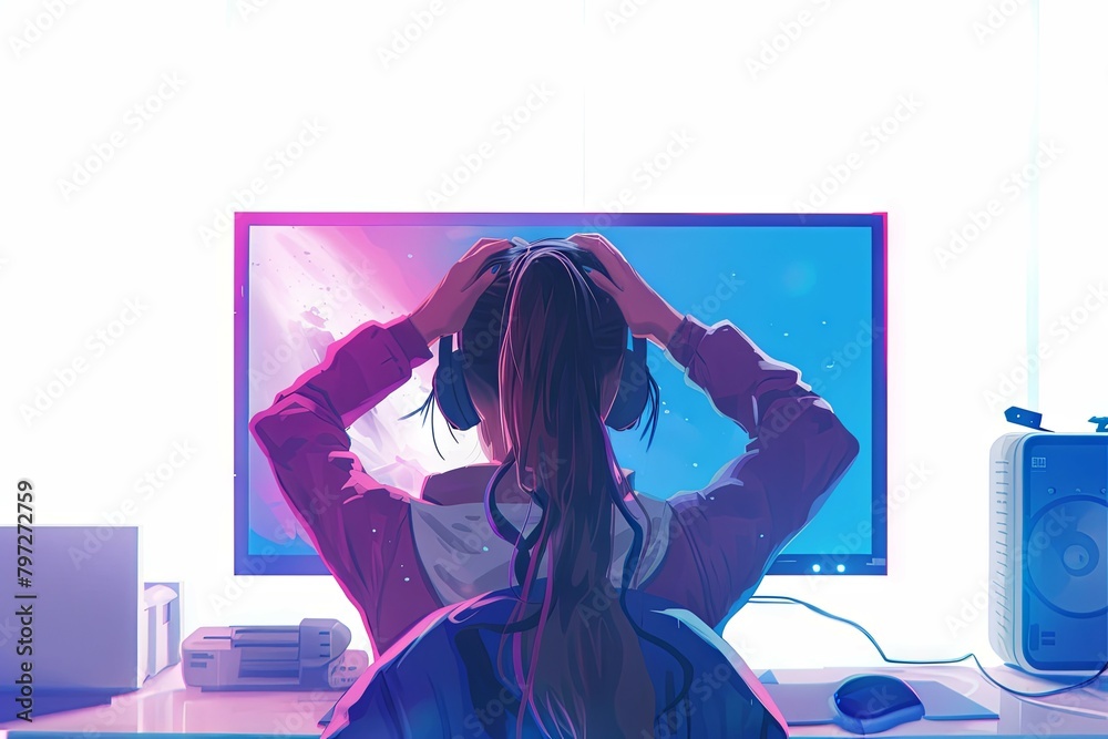 Woman enjoying a vibrant galactic display on PC - A young woman is ...