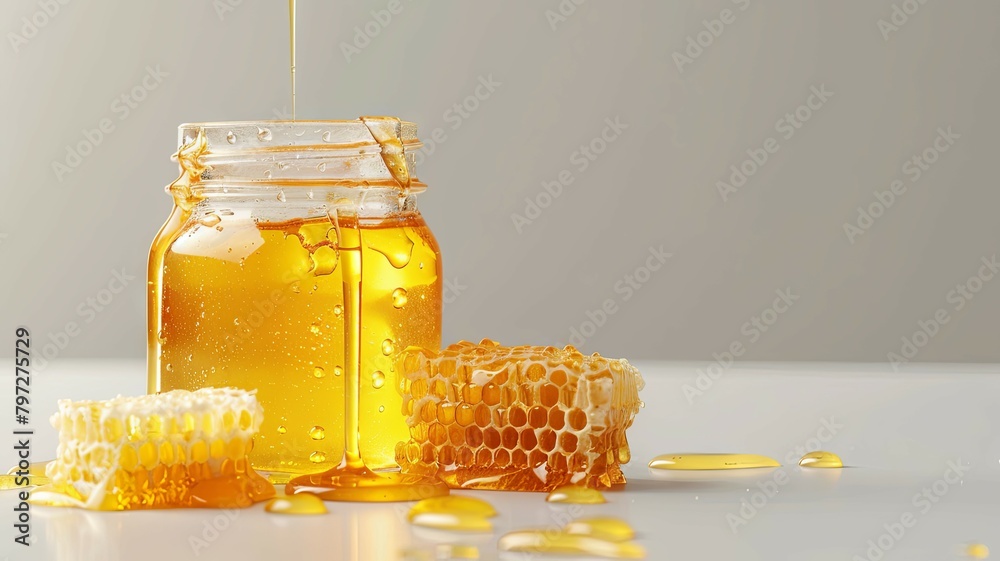 Jar overflowing with honey next to honeycombs - An overflowing glass ...