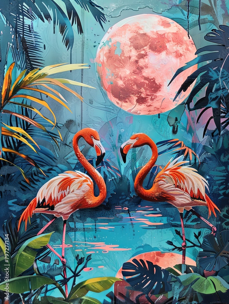 Pair of flamingos under a tropical moon - Two flamingos stand facing ...