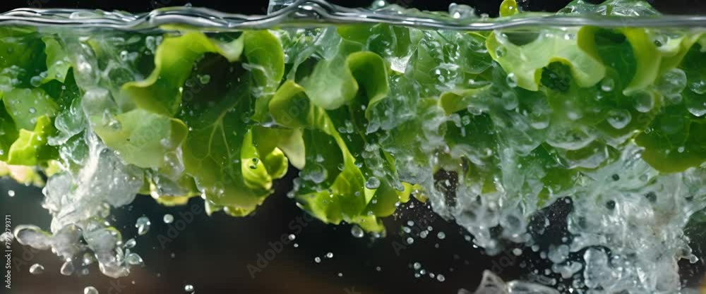 Lettuce leaves falling into water, creating a fresh splash and a trail ...