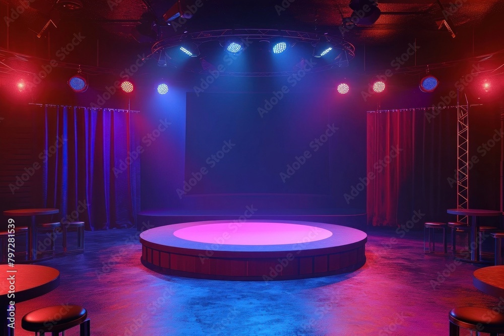 1970s empty tiny stage gameshow table entertainment architecture. Stock ...