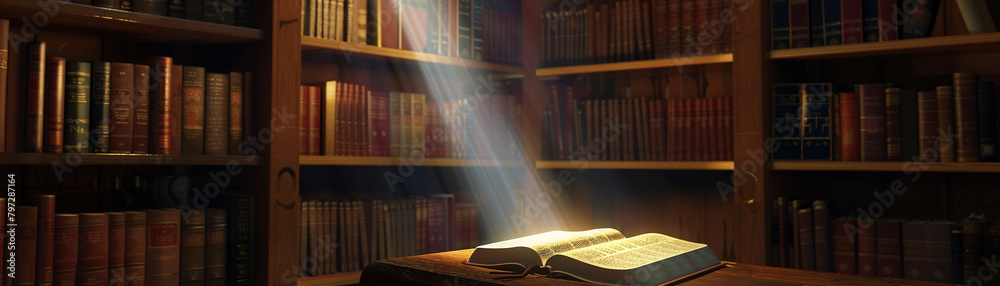 Dim library corner, a Bible illuminated by a single beam of light ...