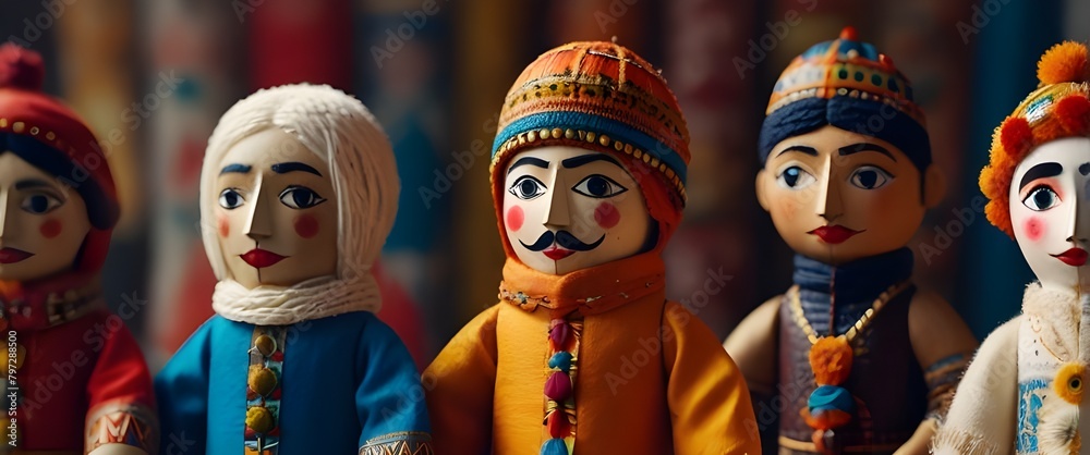 Rows of multiethnic and transnational handmade figures, souvenirs of ...