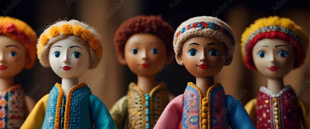 Rows of multiethnic and transnational handmade figures, souvenirs of ...