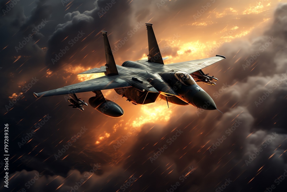 A digital painting of a fighter jet flying through a war zone. The jet ...
