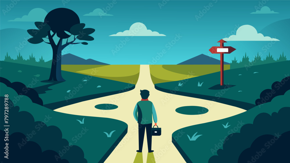 A person stands at a fork in the road one path leading to a dark and ...